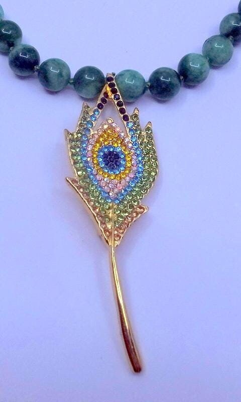 Jade Peacock Necklace - Variegated Green Jade - BIG Peacock Feather ...
