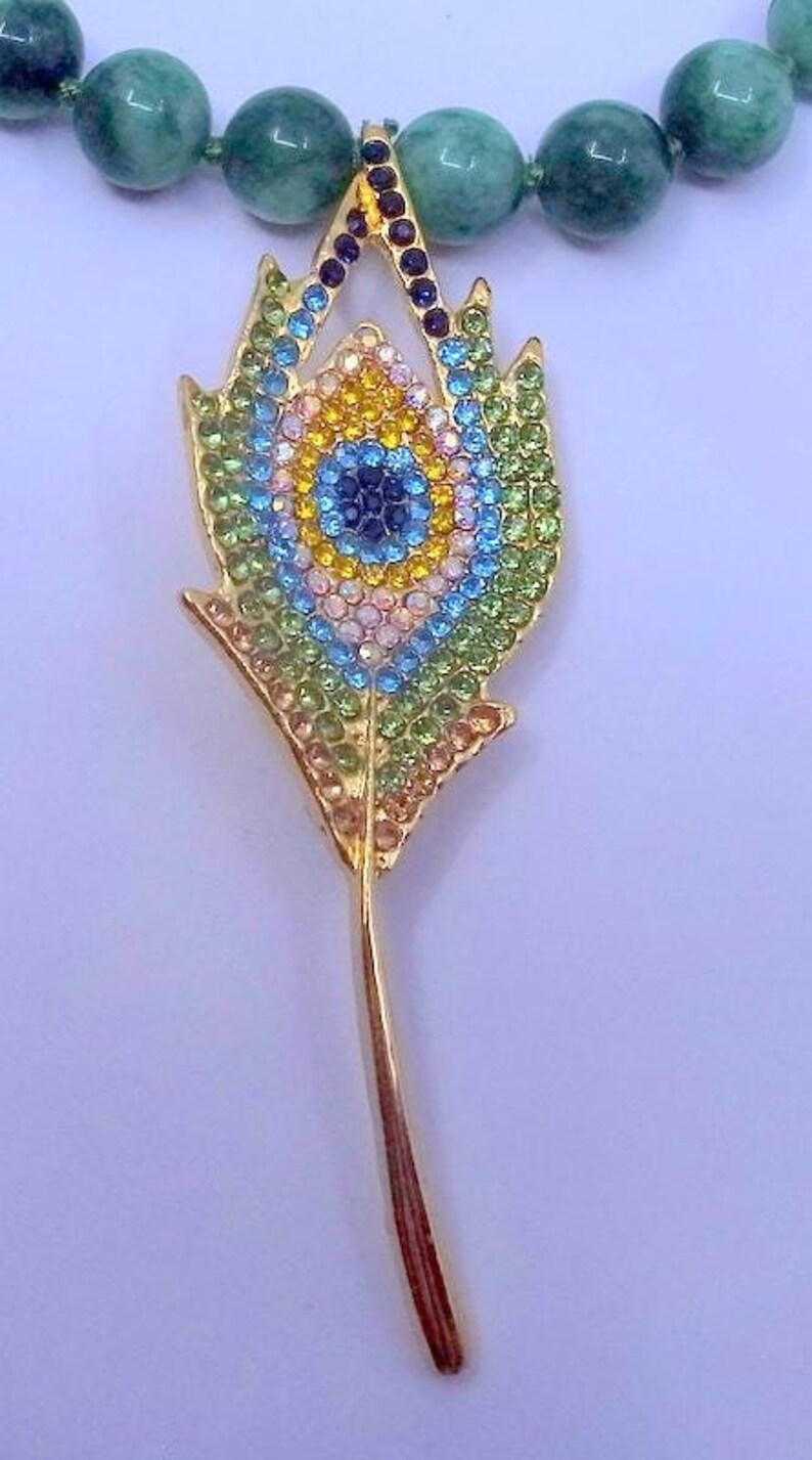 Jade Peacock Necklace - Variegated Green Jade - BIG Peacock Feather ...