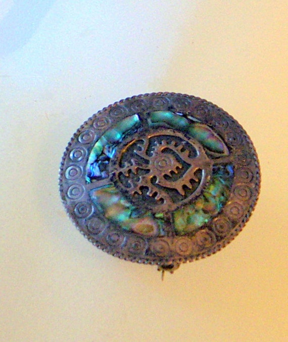 Vintage Taxco Aztec Pendant Brooch - Large Silver And… - Gem