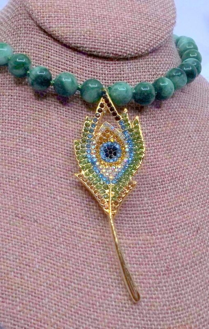 Jade Peacock Necklace - Variegated Green Jade - BIG Peacock Feather ...
