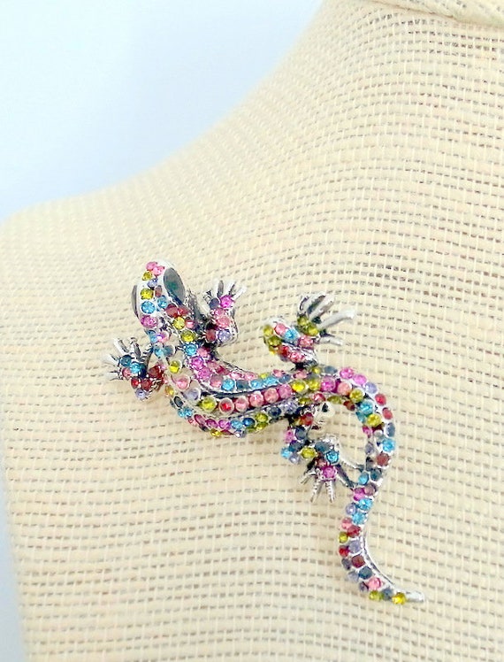 Lizard Rhinestone Brooch - Big Multi-Color Pin - Geck… - Gem