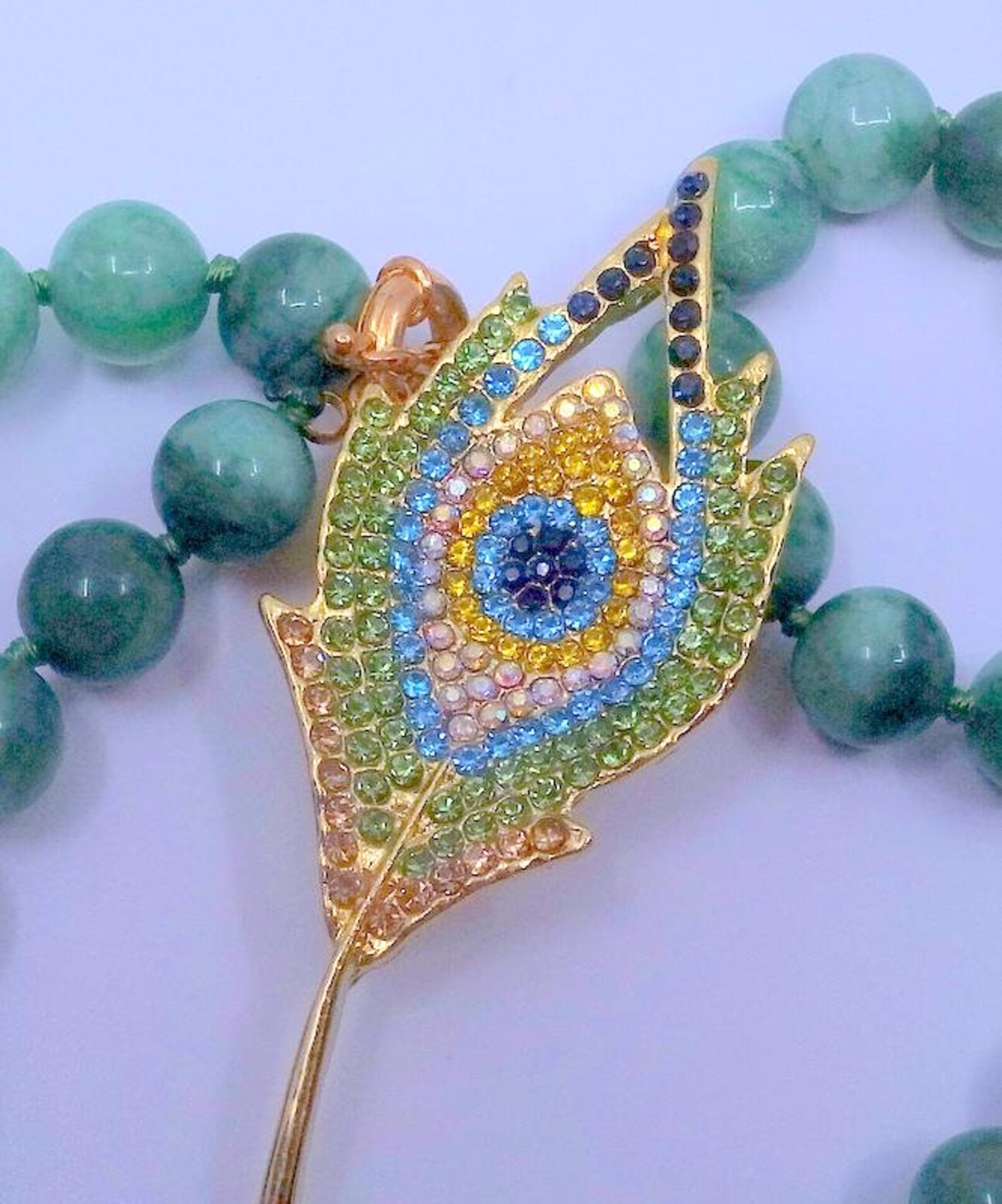 Jade Peacock Necklace - Variegated Green Jade - BIG Peacock Feather ...