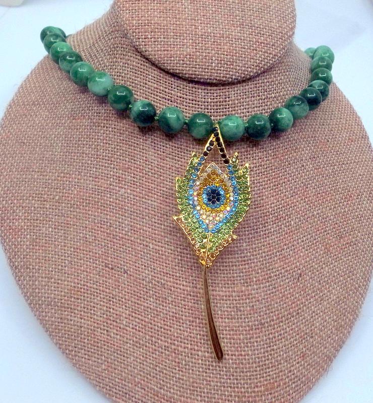 Jade Peacock Necklace - Variegated Green Jade - BIG Peacock Feather ...