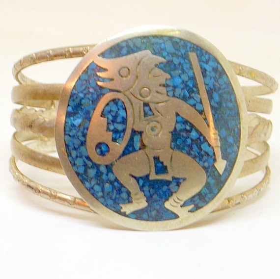 Vintage Sterling Turquoise Mayan Aztec Warrior Bracelet Mid | Etsy