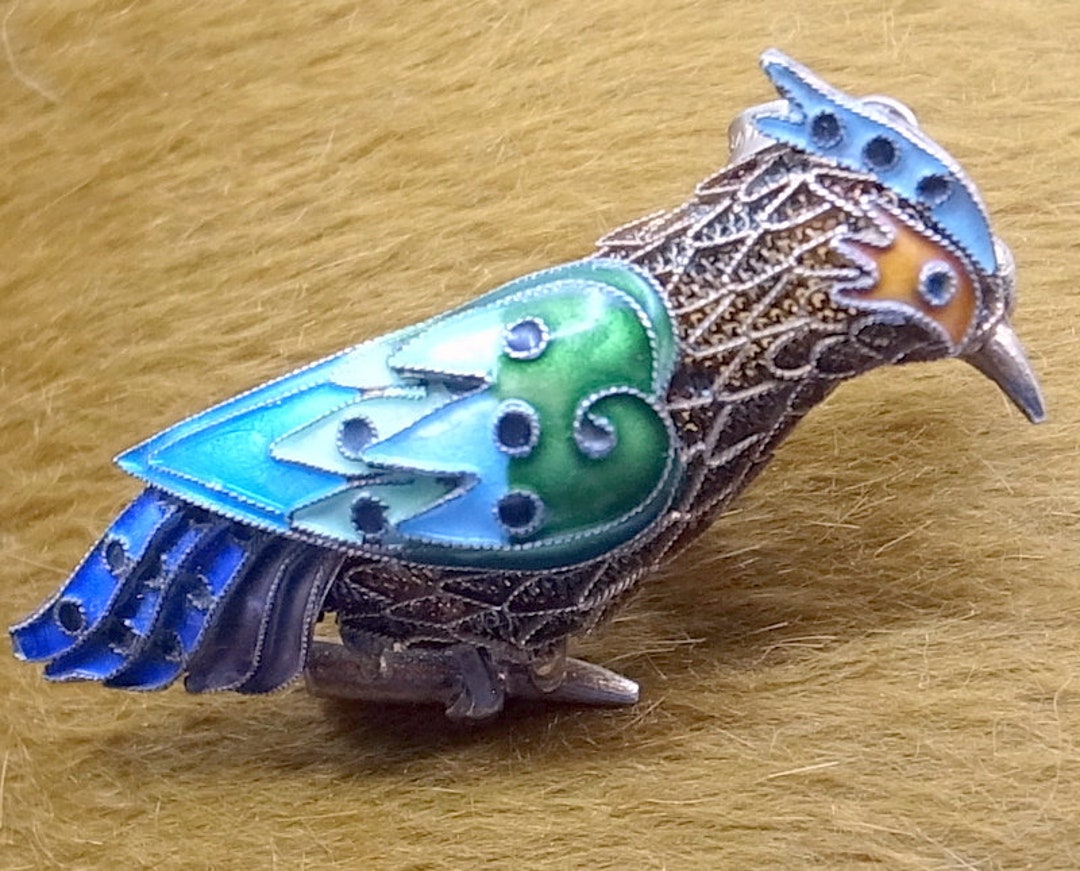 Antique Chinese Import Bird Brooch and Pendant - Blue Enamel - Colorful ...