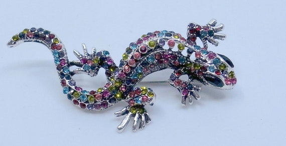 Lizard Rhinestone Brooch - Big Multi-Color Pin - Geck… - Gem