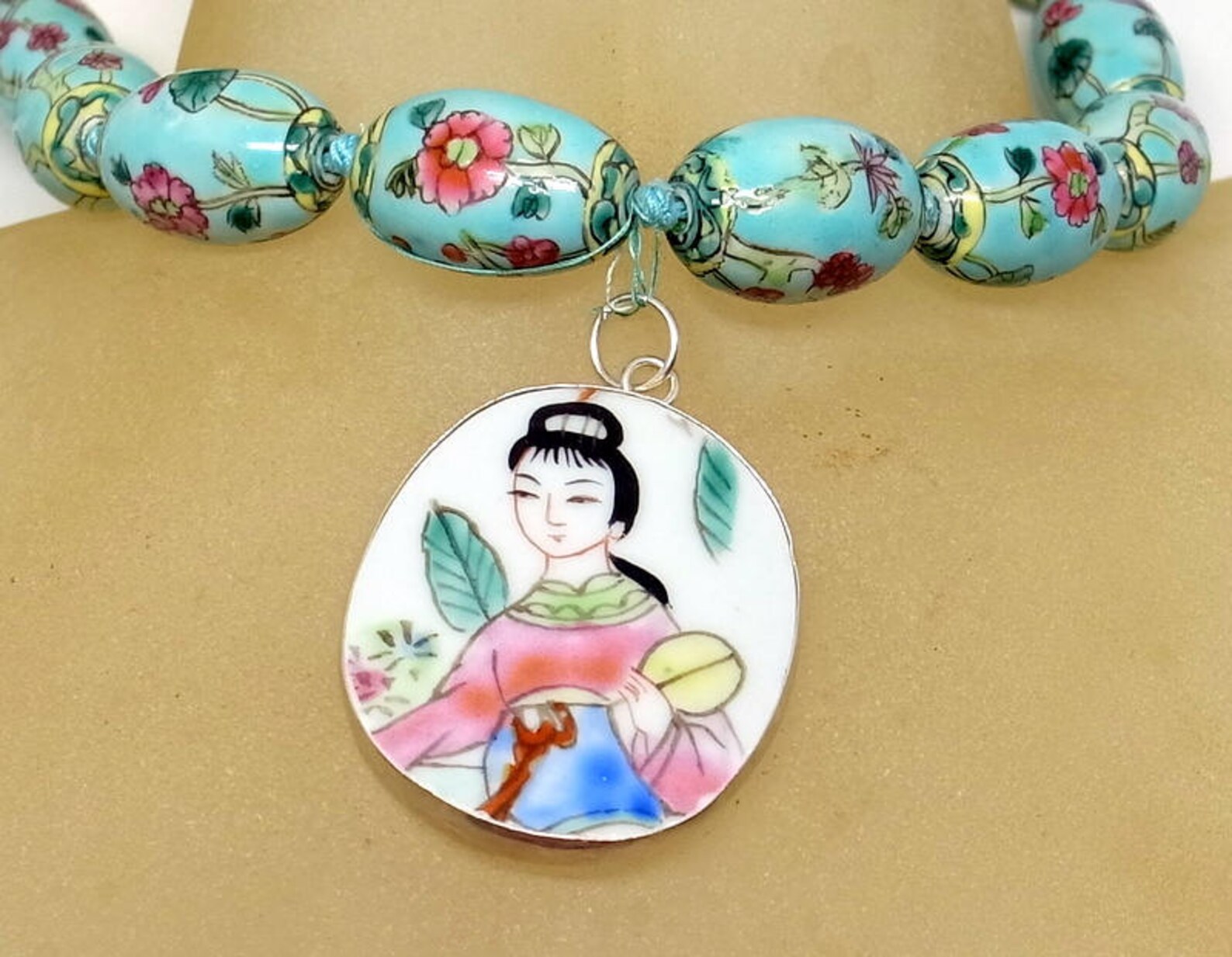 Geisha Girl Necklace - Pink and Green Hand-painted Hand-knotted on Silk ...