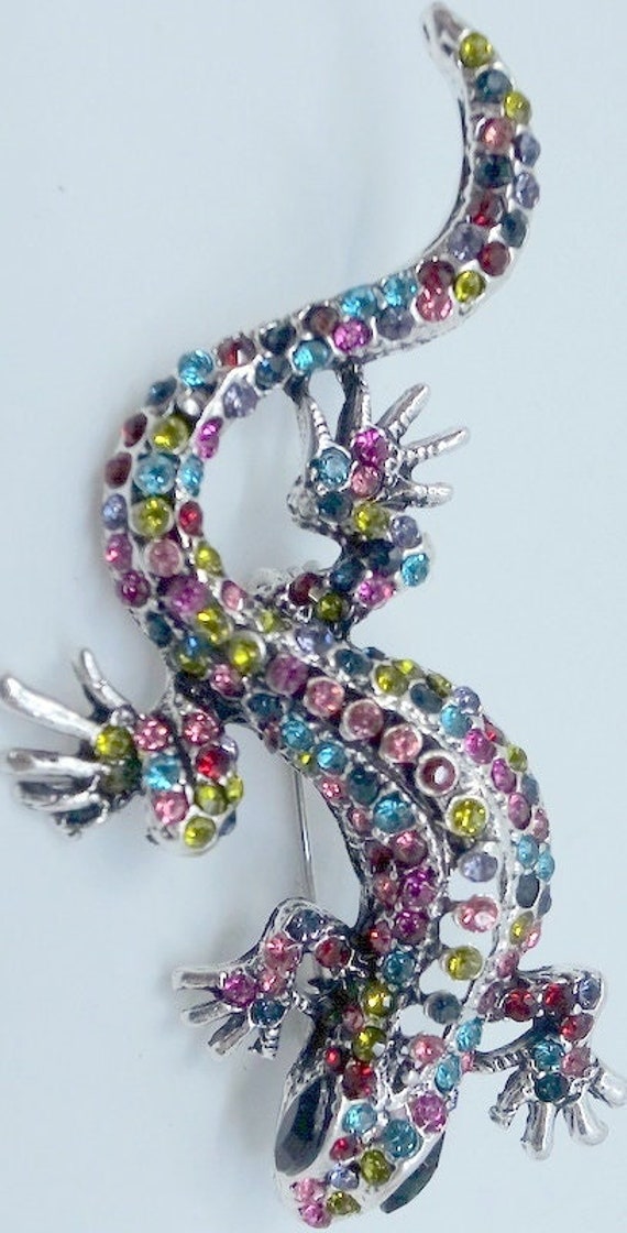 Lizard Rhinestone Brooch - Big Multi-Color Pin - Geck… - Gem
