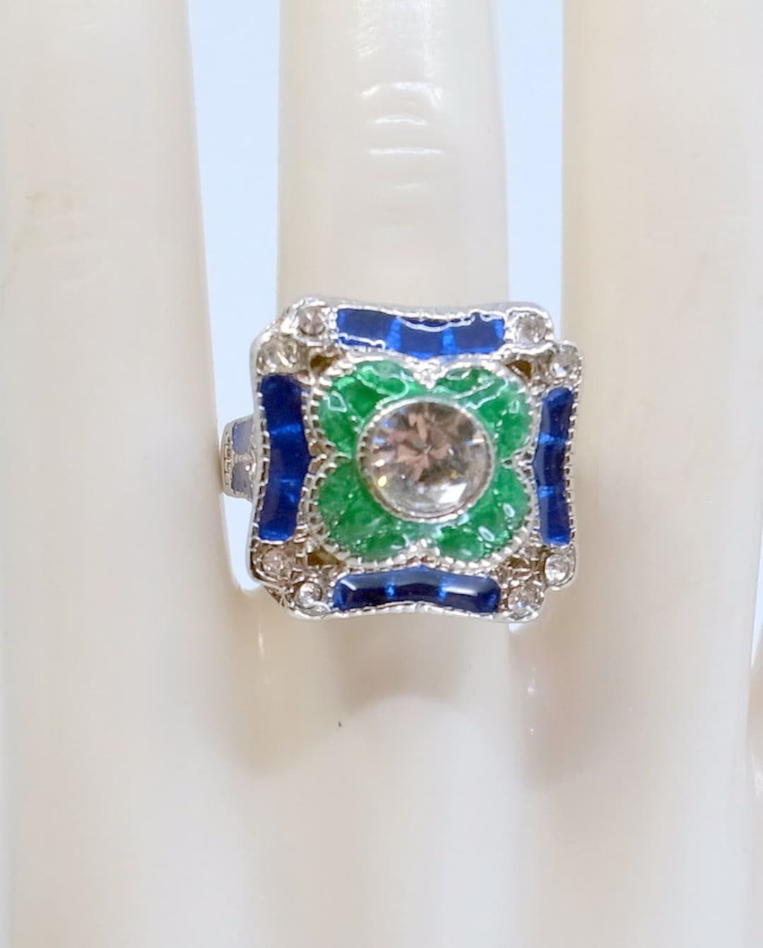 Big Gemstone Ring - Sterling Silver With Blue and Green - Size 8 ...