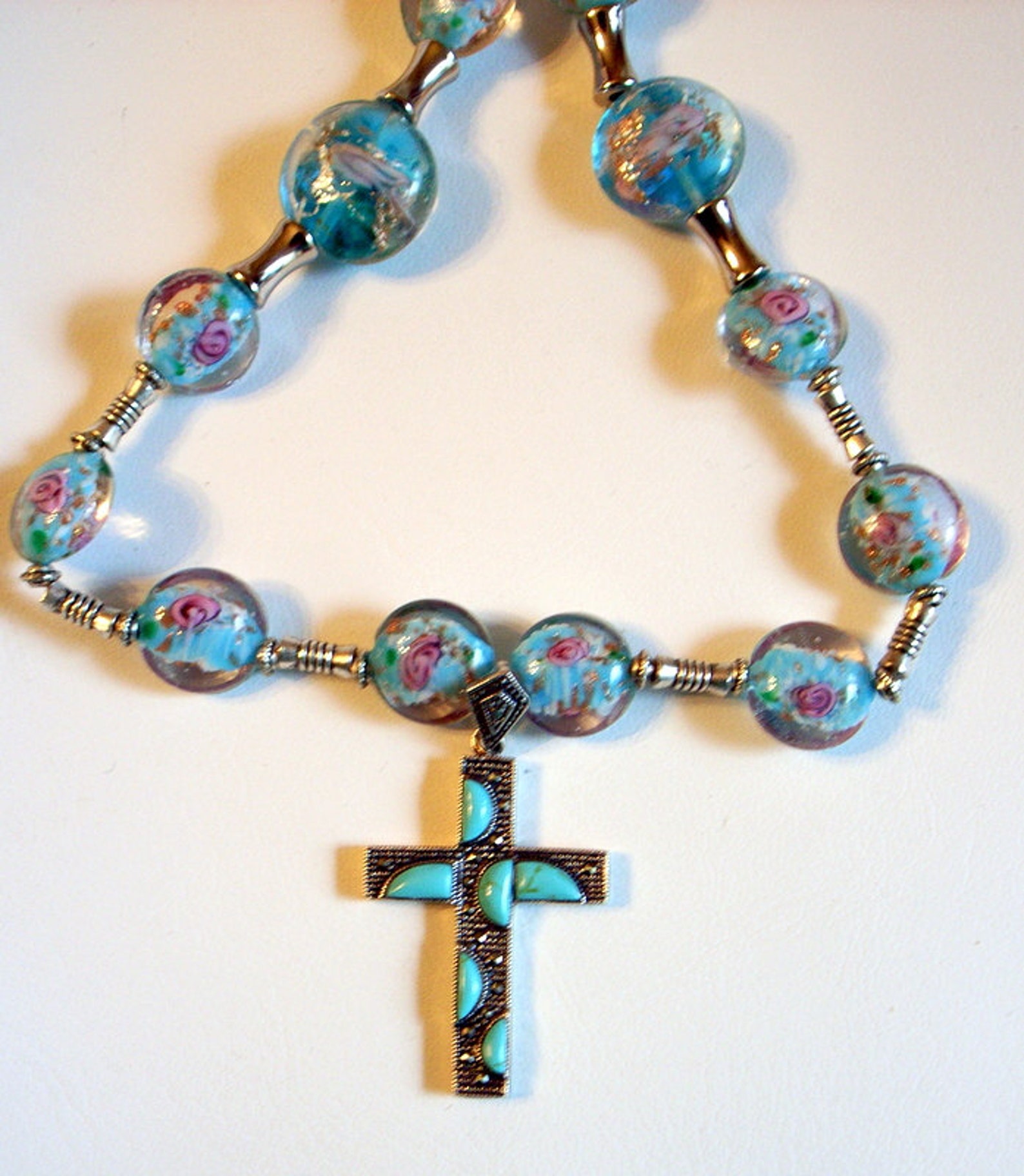 Vintage Turquoise Cross Necklace - Sterling - With Handmade Blue Rose ...