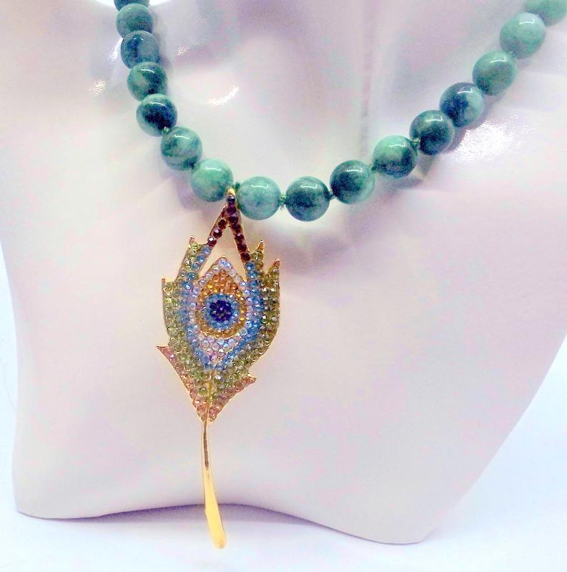 Jade Peacock Necklace - Variegated Green Jade - BIG Peacock Feather ...
