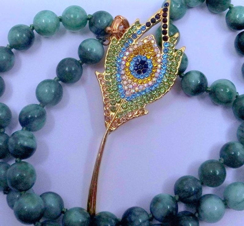 Jade Peacock Necklace - Variegated Green Jade - BIG Peacock Feather ...