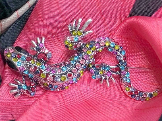 Lizard Rhinestone Brooch - Big Multi-Color Pin - Geck… - Gem