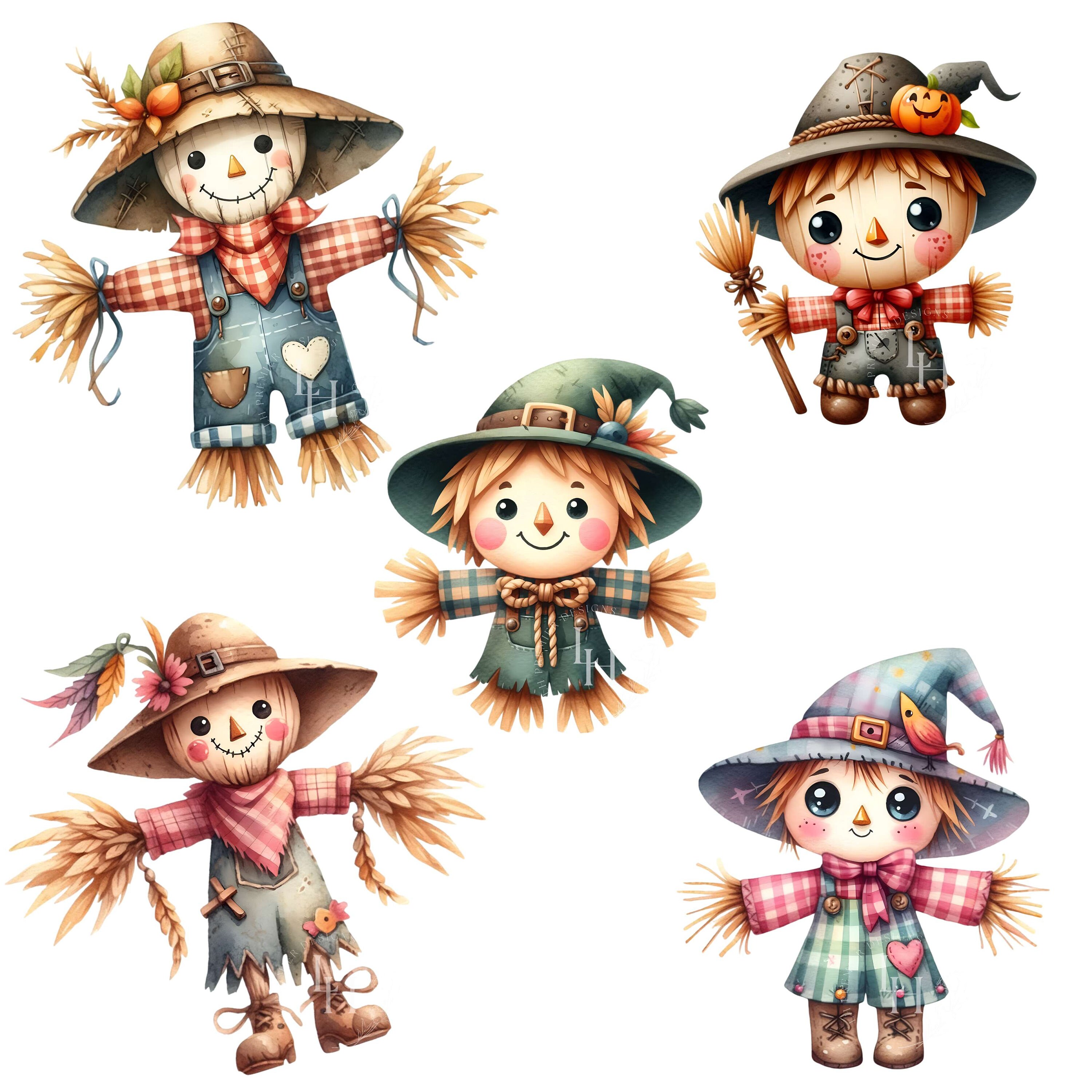 Watercolor Whimsical Scarecrows Clip Art, Autumn, Clipart for ...