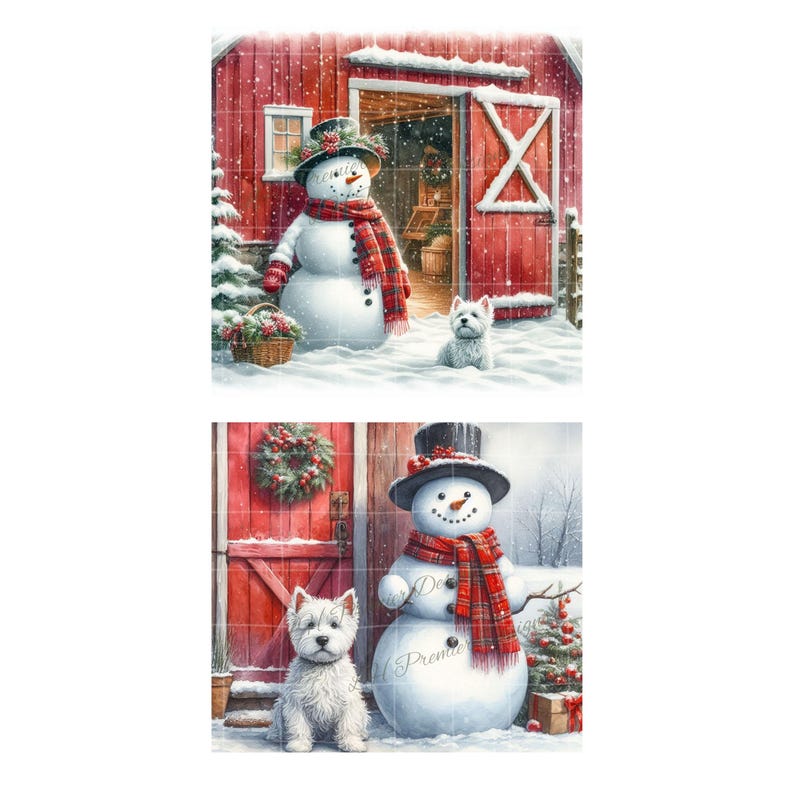 12 Red Barn Snowmen and Dog High Res Watercolor Jpgs for Junk ...