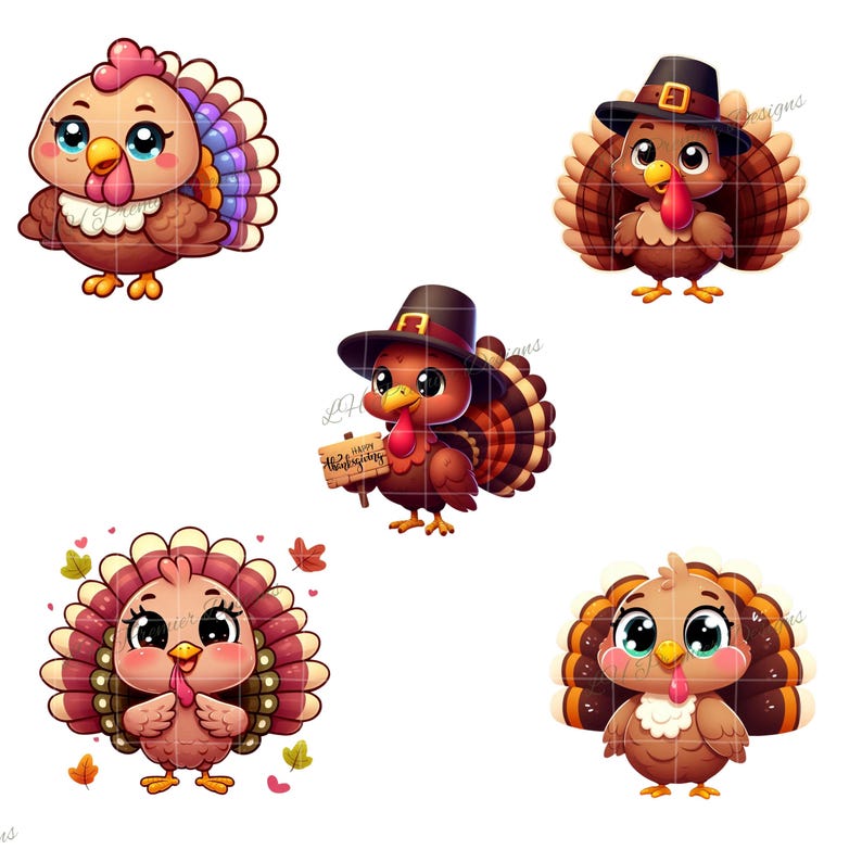 Whimsical Turkey Clipart Art, Cute Little Turkeys, Thanksgiving Clipart ...
