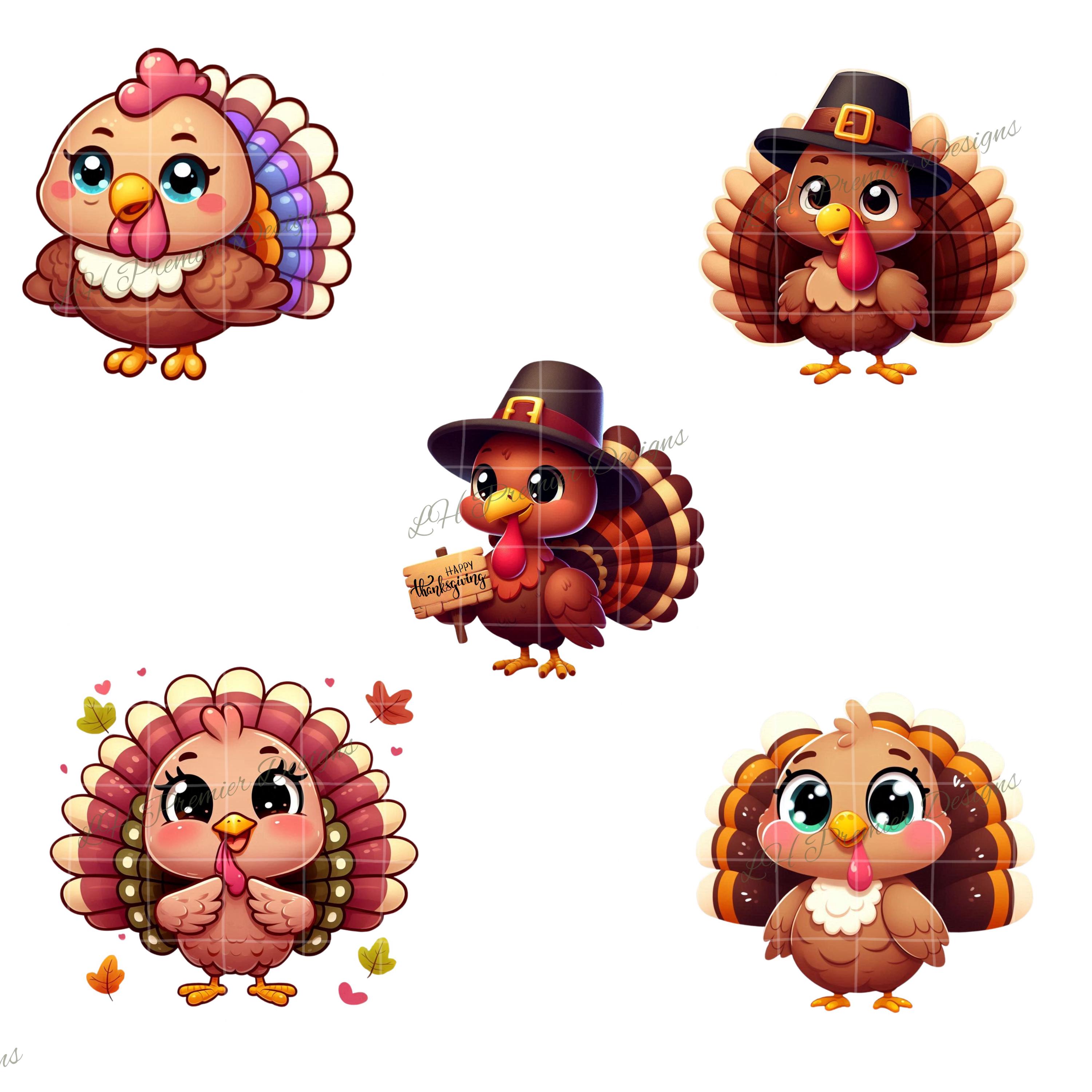 Whimsical Turkey Clipart Art, Cute Little Turkeys, Thanksgiving Clipart ...