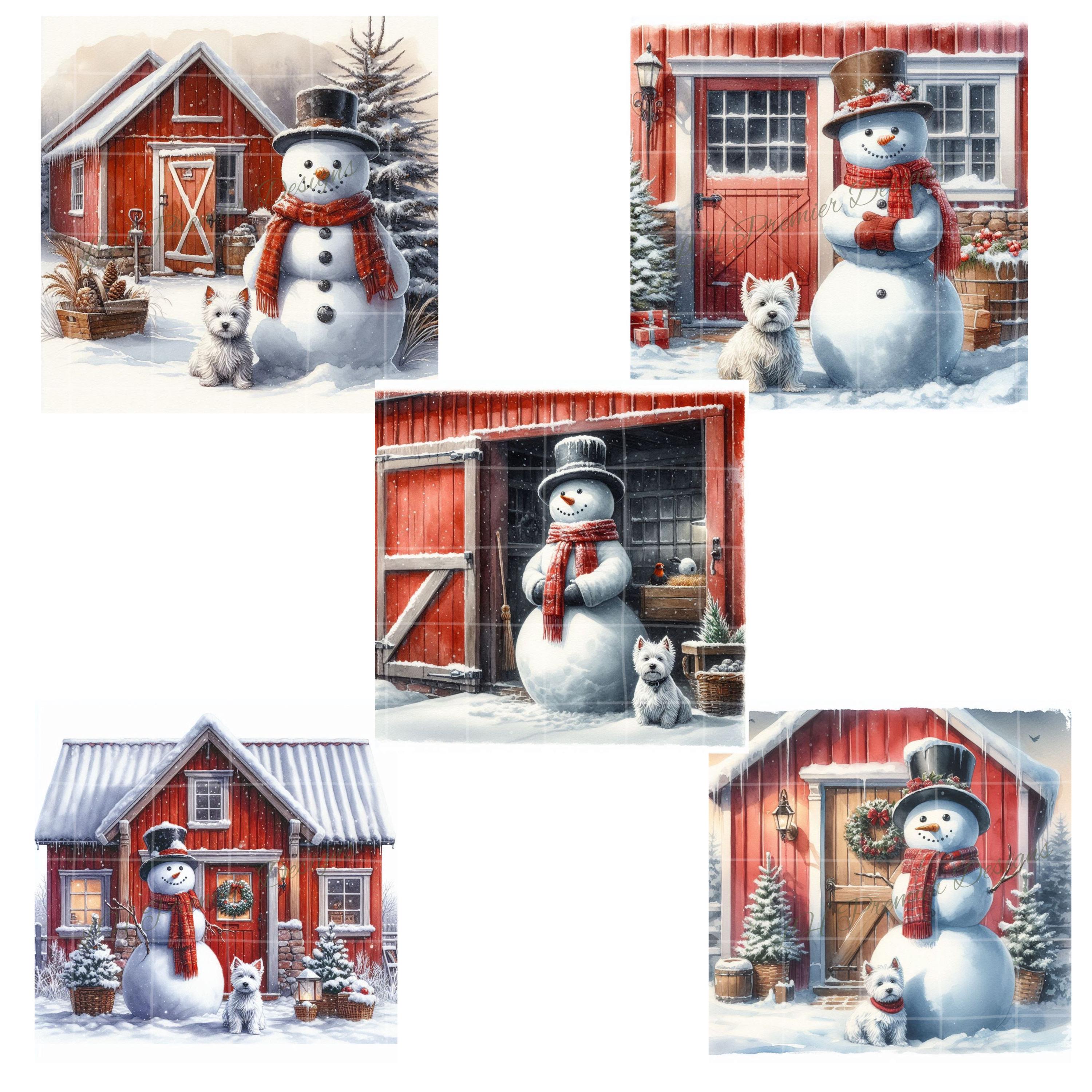 12 Red Barn Snowmen and Dog High Res Watercolor Jpgs for Junk ...