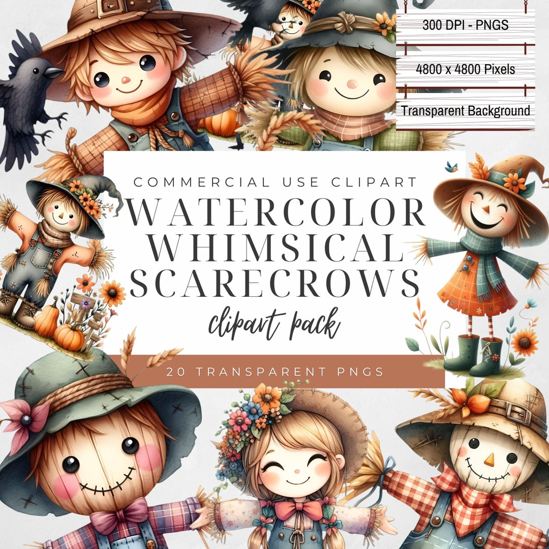 Watercolor Whimsical Scarecrows Clip Art, Autumn, Clipart for ...