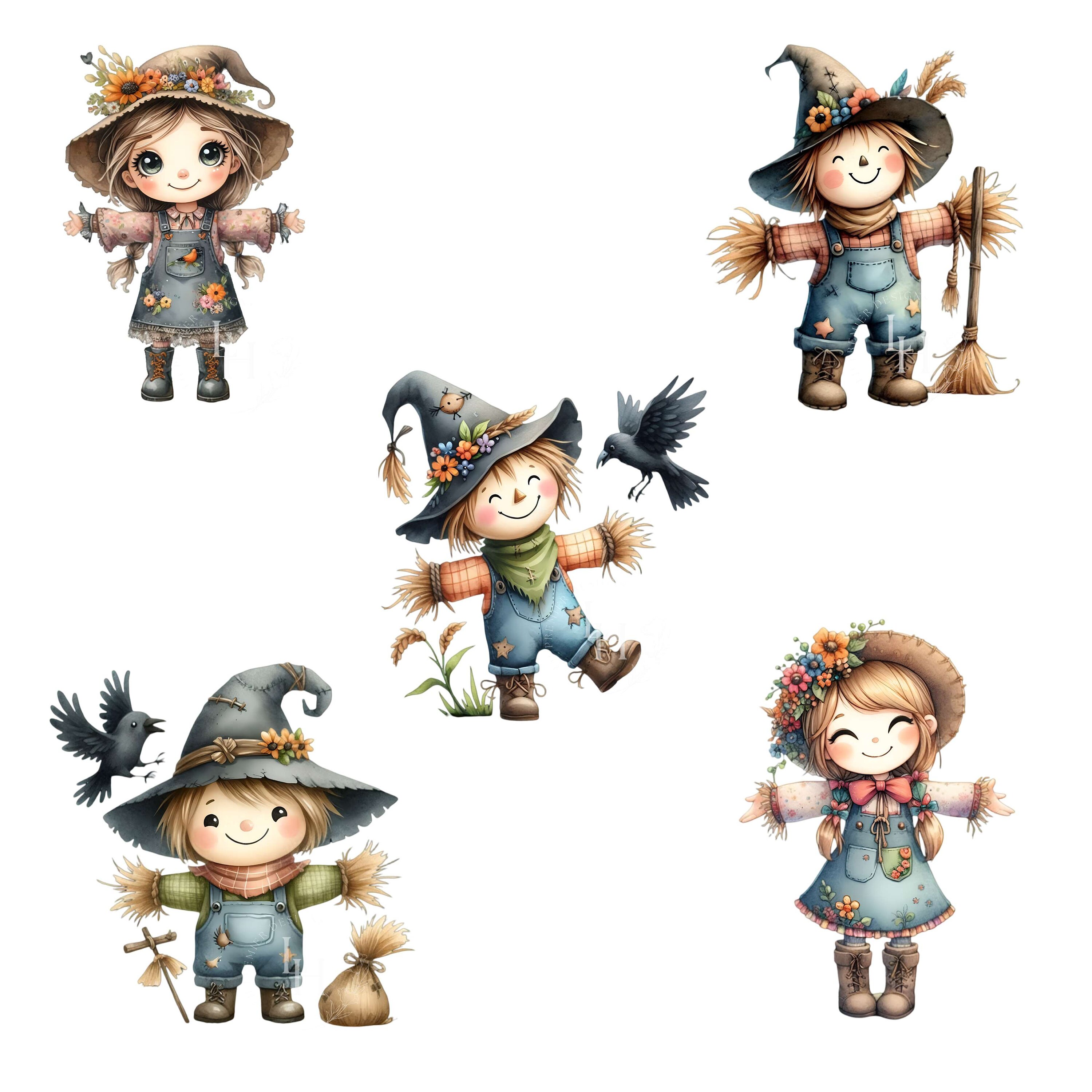 Watercolor Whimsical Scarecrows Clip Art, Autumn, Clipart for ...