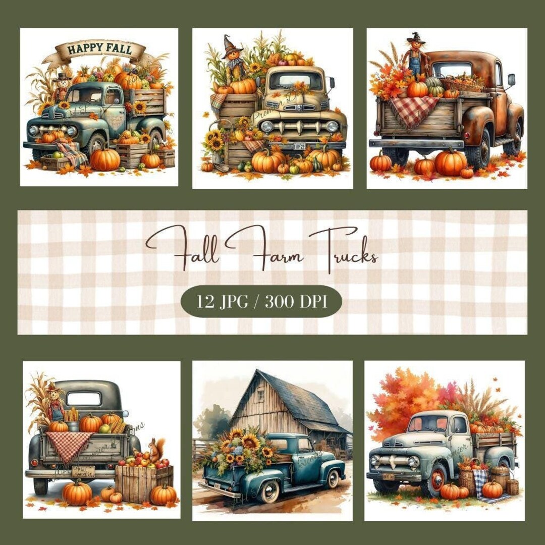 Fall Farm Truck Clip Art 12 High Res Watercolor Jpgs for Junk ...