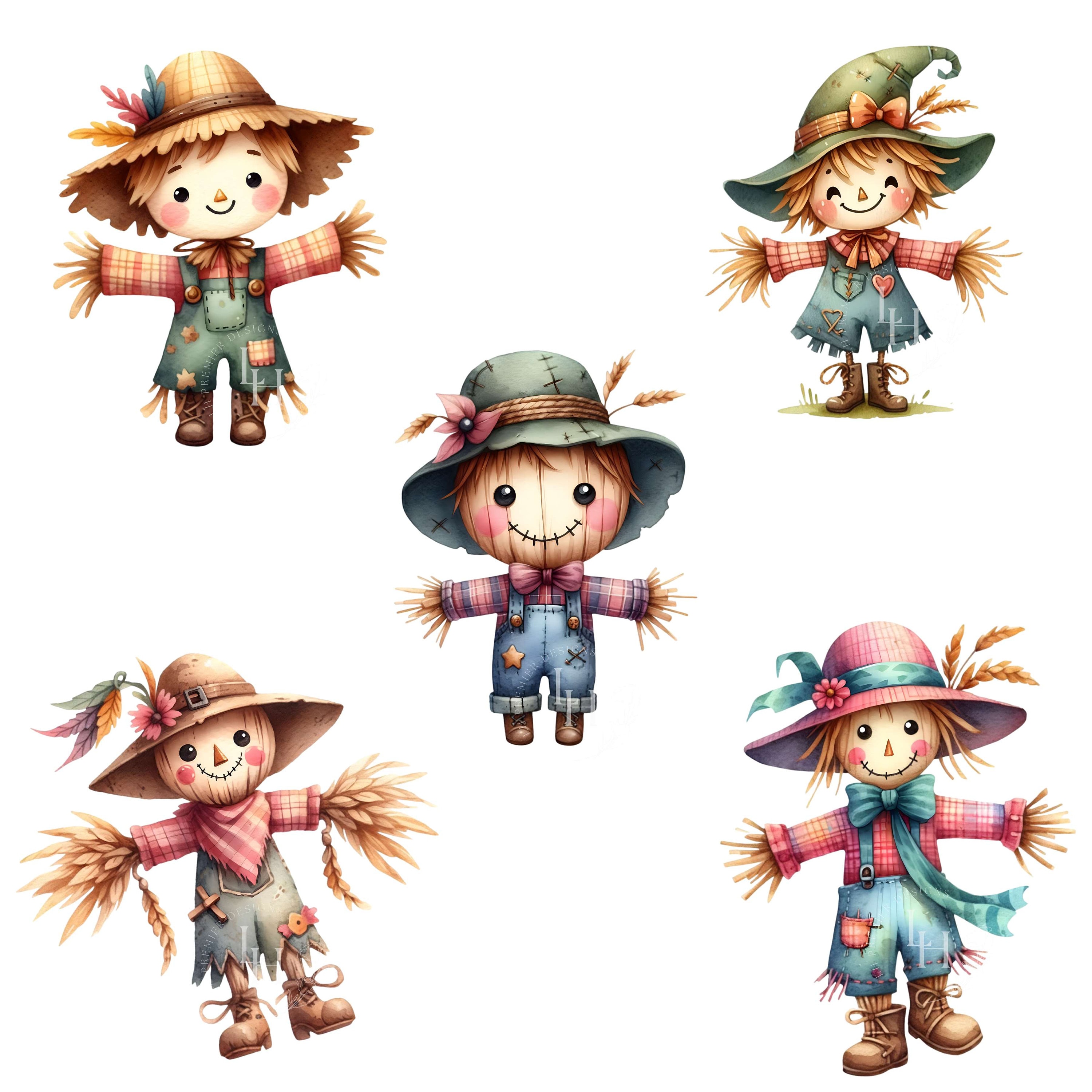Watercolor Whimsical Scarecrows Clip Art, Autumn, Clipart for ...