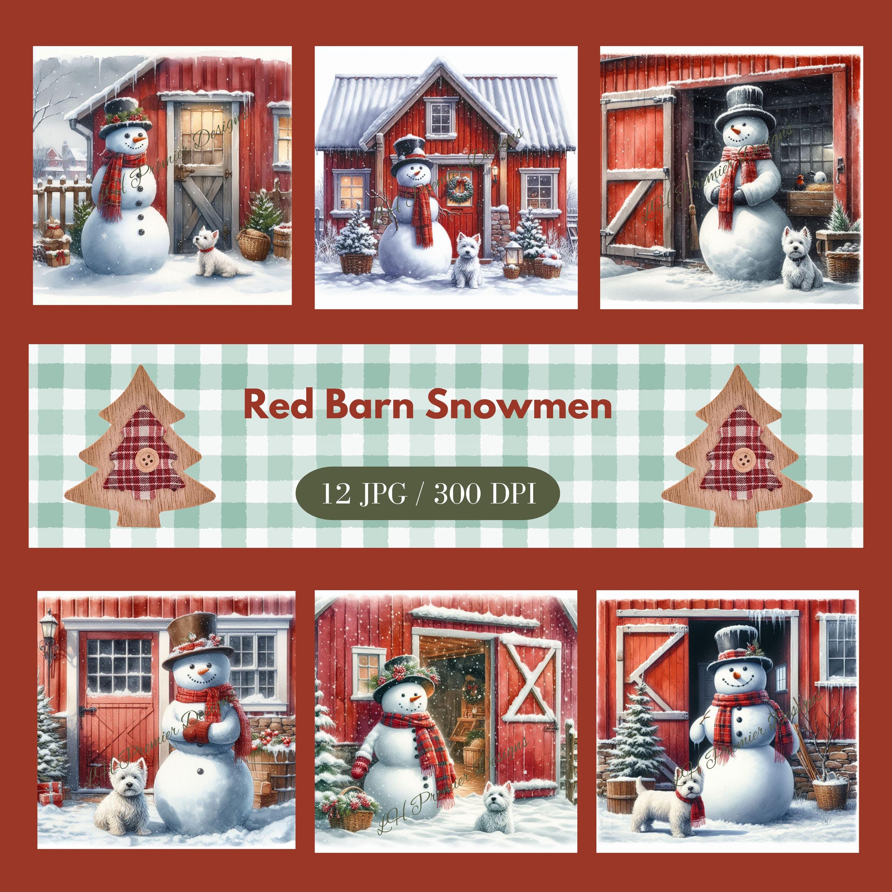 12 Red Barn Snowmen and Dog High Res Watercolor Jpgs for Junk ...