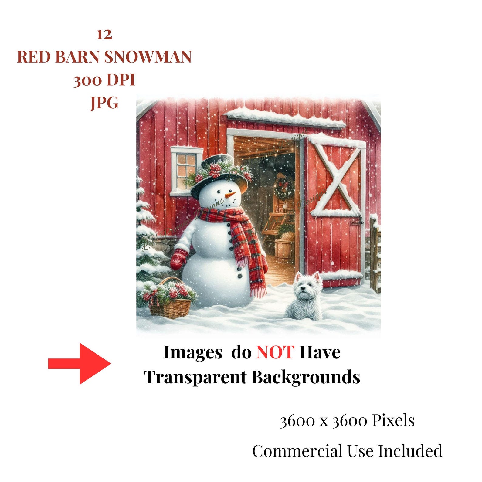 12 Red Barn Snowmen and Dog High Res Watercolor Jpgs for Junk ...