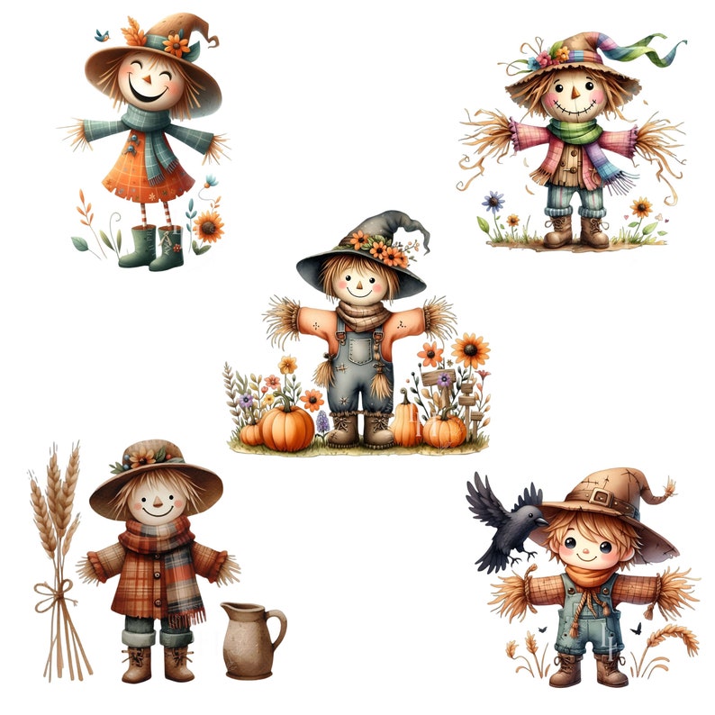 Watercolor Whimsical Scarecrows Clip Art, Autumn, Clipart for ...