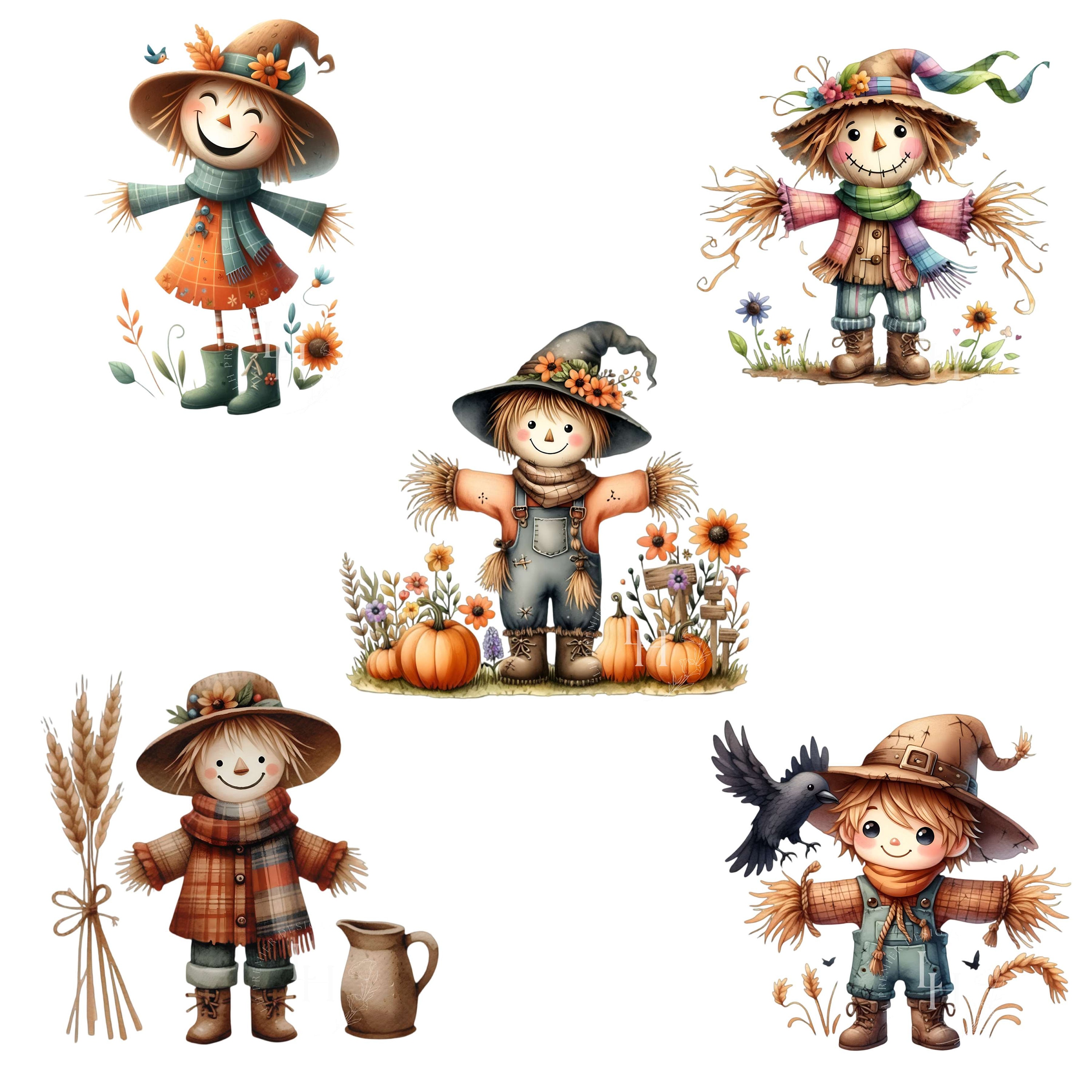 Watercolor Whimsical Scarecrows Clip Art, Autumn, Clipart for ...