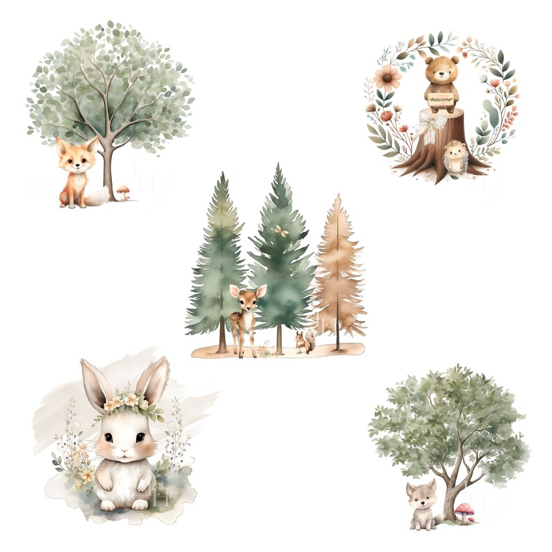 Watercolor Woodland Forest Friends Clip Art, Cute Animals, Clipart for ...