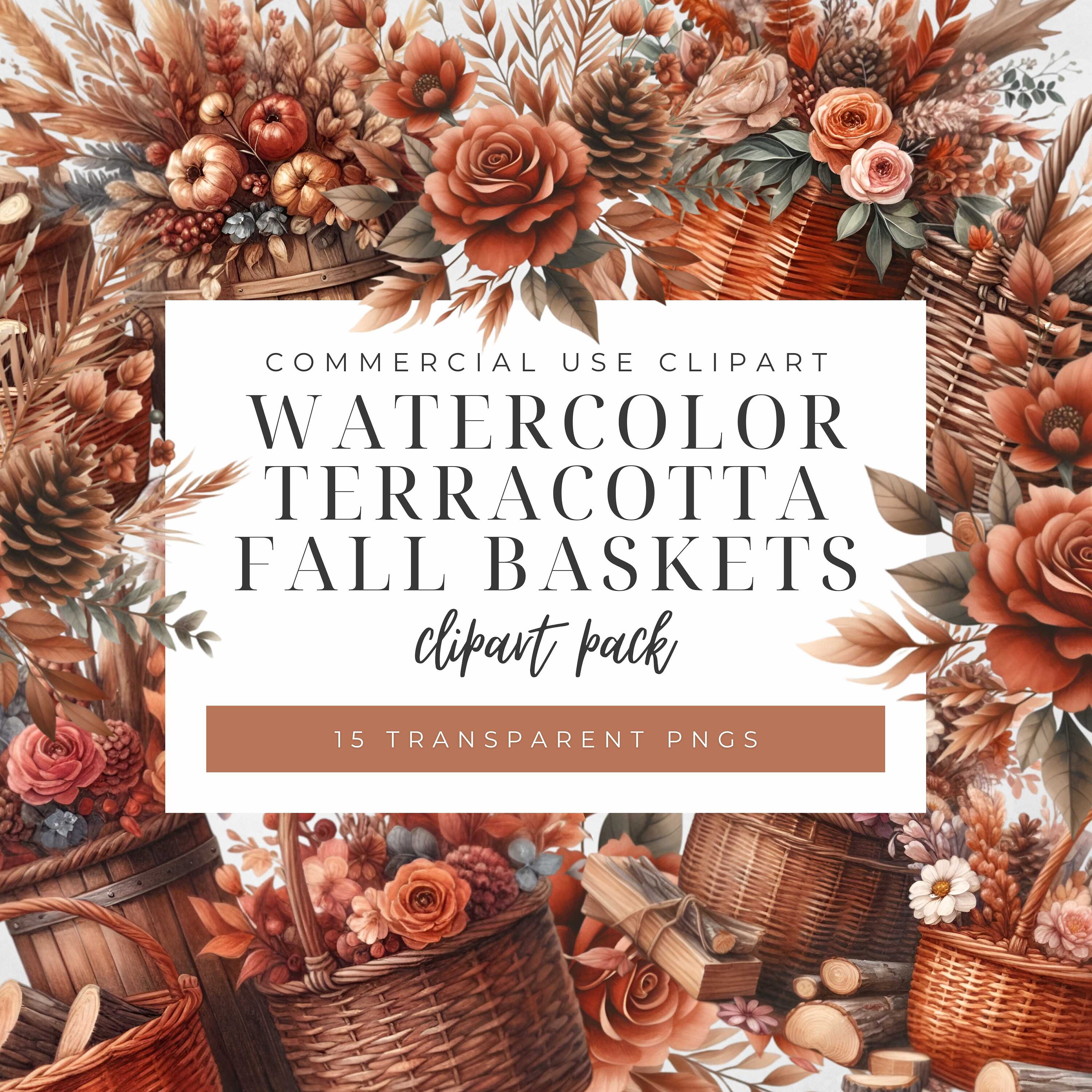 Watercolor Terracotta Fall Baskets Clip Art, Autumn, Clipart for ...
