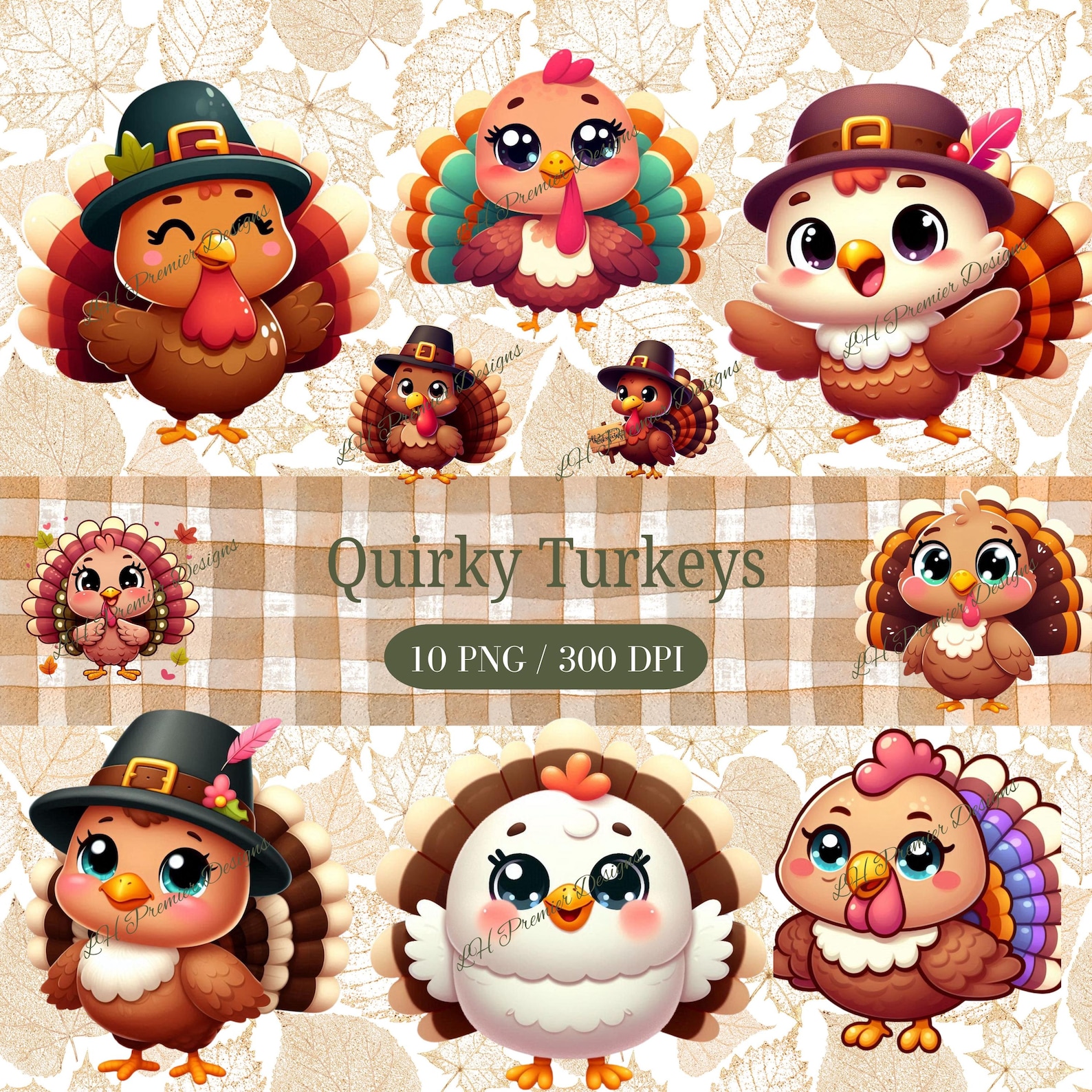 Whimsical Turkey Clipart Art, Cute Little Turkeys, Thanksgiving Clipart ...
