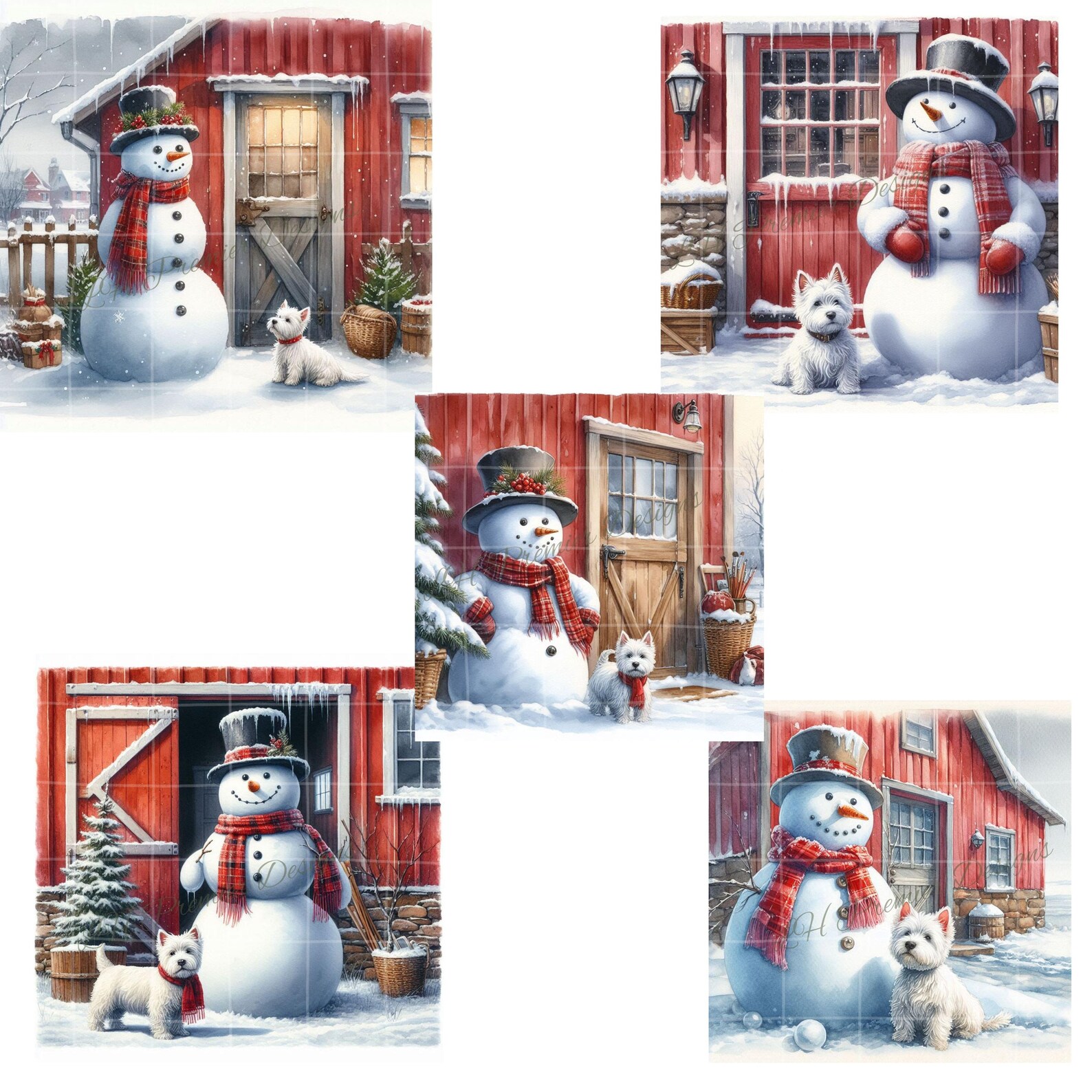 12 Red Barn Snowmen and Dog High Res Watercolor Jpgs for Junk ...