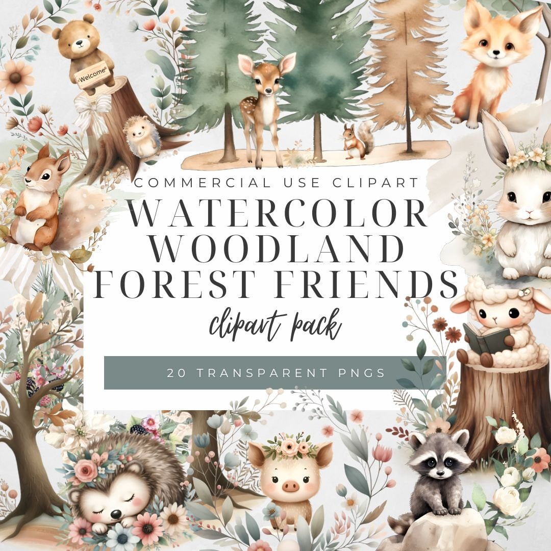 Watercolor Woodland Forest Friends Clip Art, Cute Animals, Clipart for ...