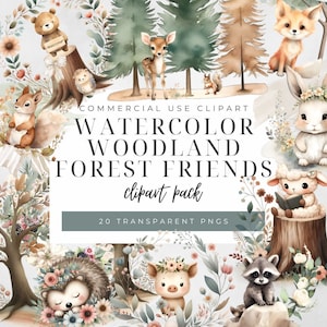 Watercolor Woodland Forest Friends Clip Art, Cute Animals, Clipart for ...
