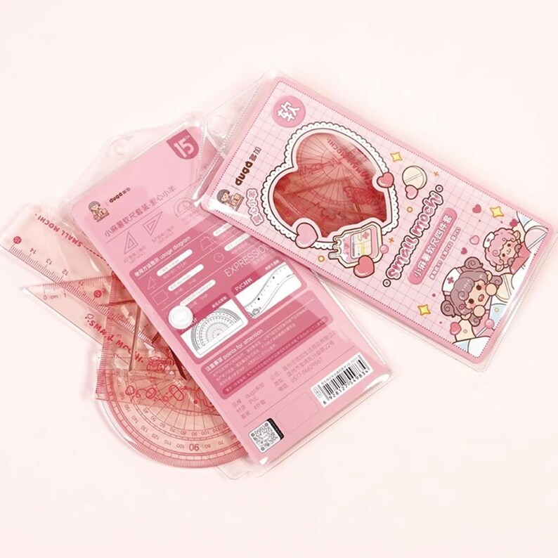 Cute Pink Flexible Ruler Set 4PC Math Geometry Tools 15cm/6in Bendable ...
