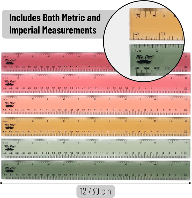 Vintage Color 12 Inch Rulers 6 Pack Clear Plastic School Rulers for ...