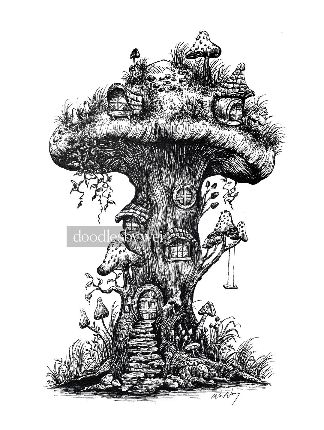 Mushroom Treehouse / Print of Original Ink Illustration - Etsy