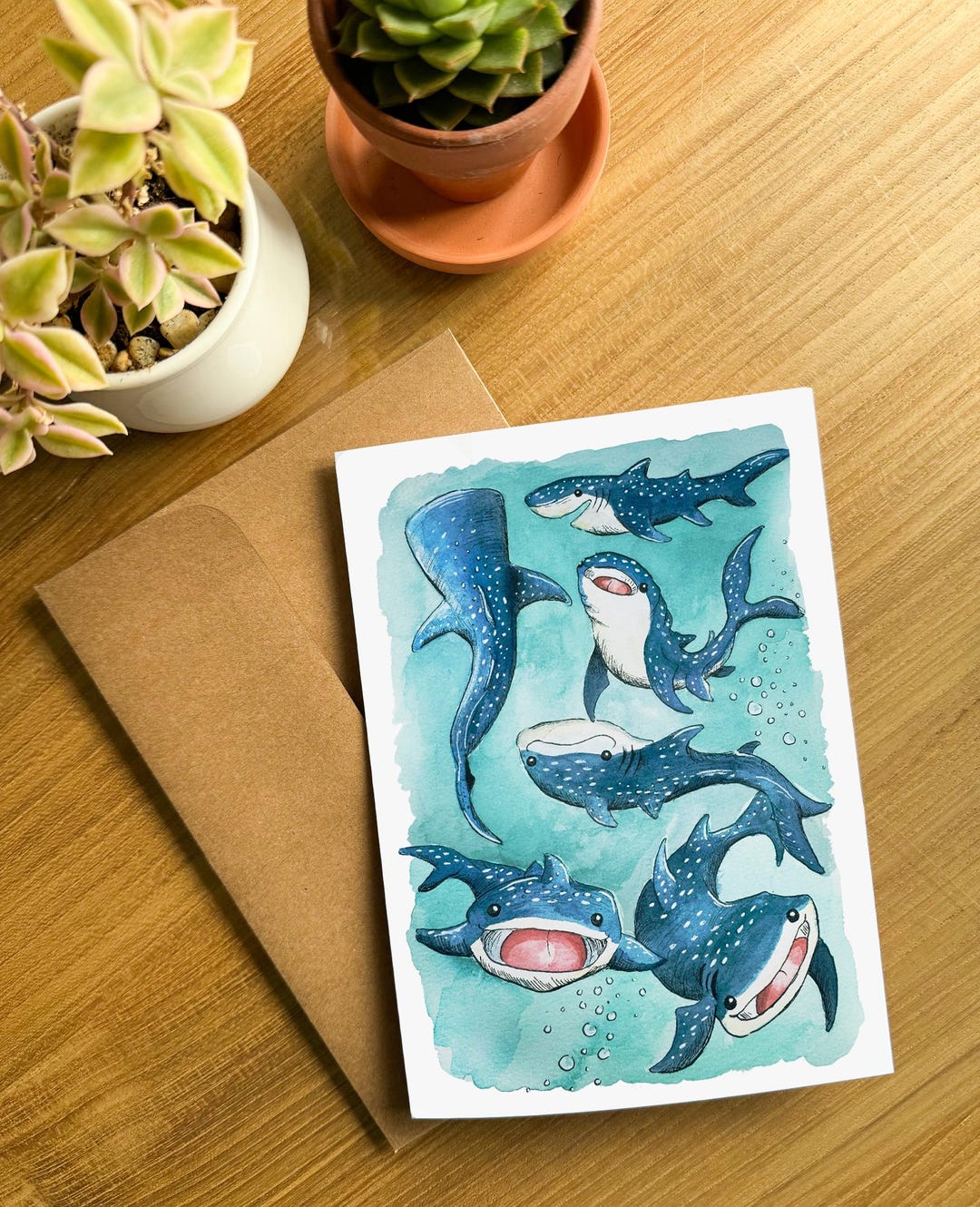 Playful Whale Sharks / Greeting Card / 5"x7" Card With Printed Original ...