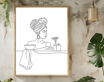 Bathroom Line Art, Woman in Robe, Woman Art, Bathroom Print, Digital ...
