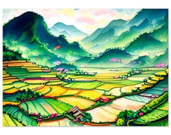 Vietnam, Rice Fields, Vietnamese Landscape, Vintage Travel Poster ...