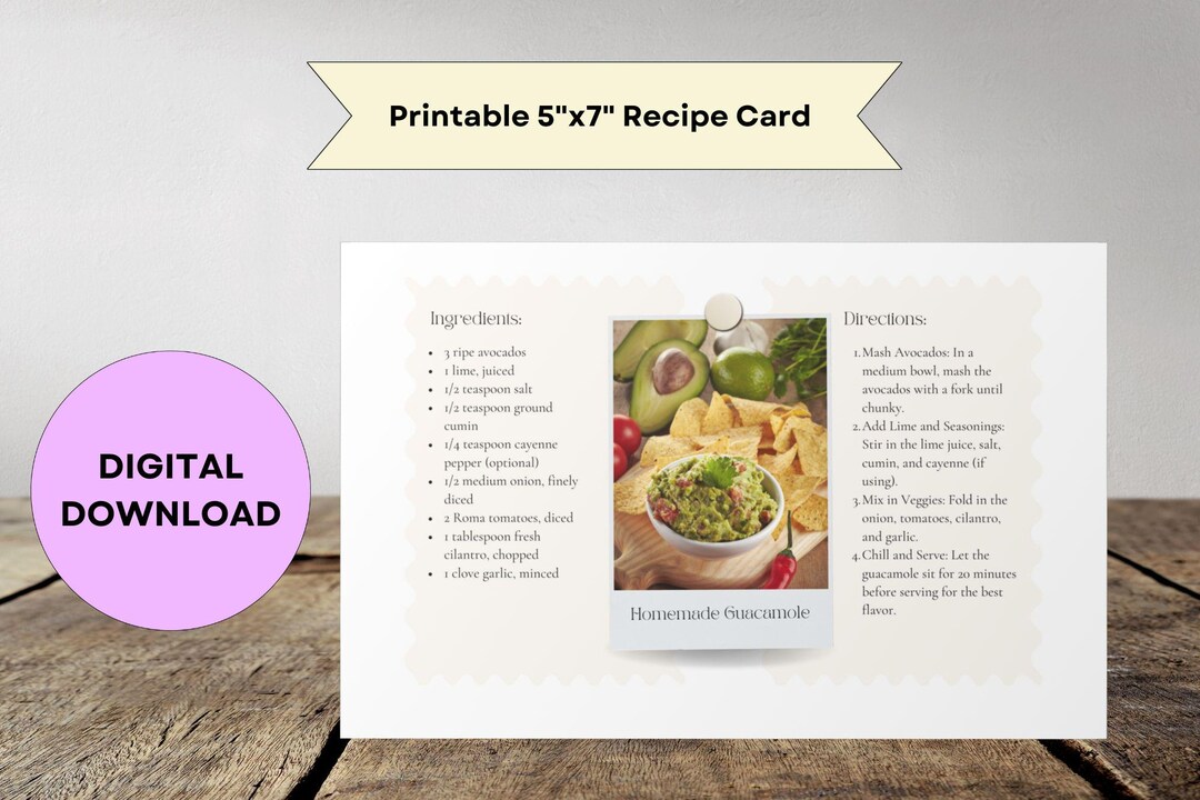 Homemade Guacamole Recipe Card 6x4 Digital Download Fresh and Flavorful ...