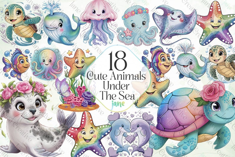18 Under the Sea Animals Watercolor Clipart PNG Digital Download Cute ...