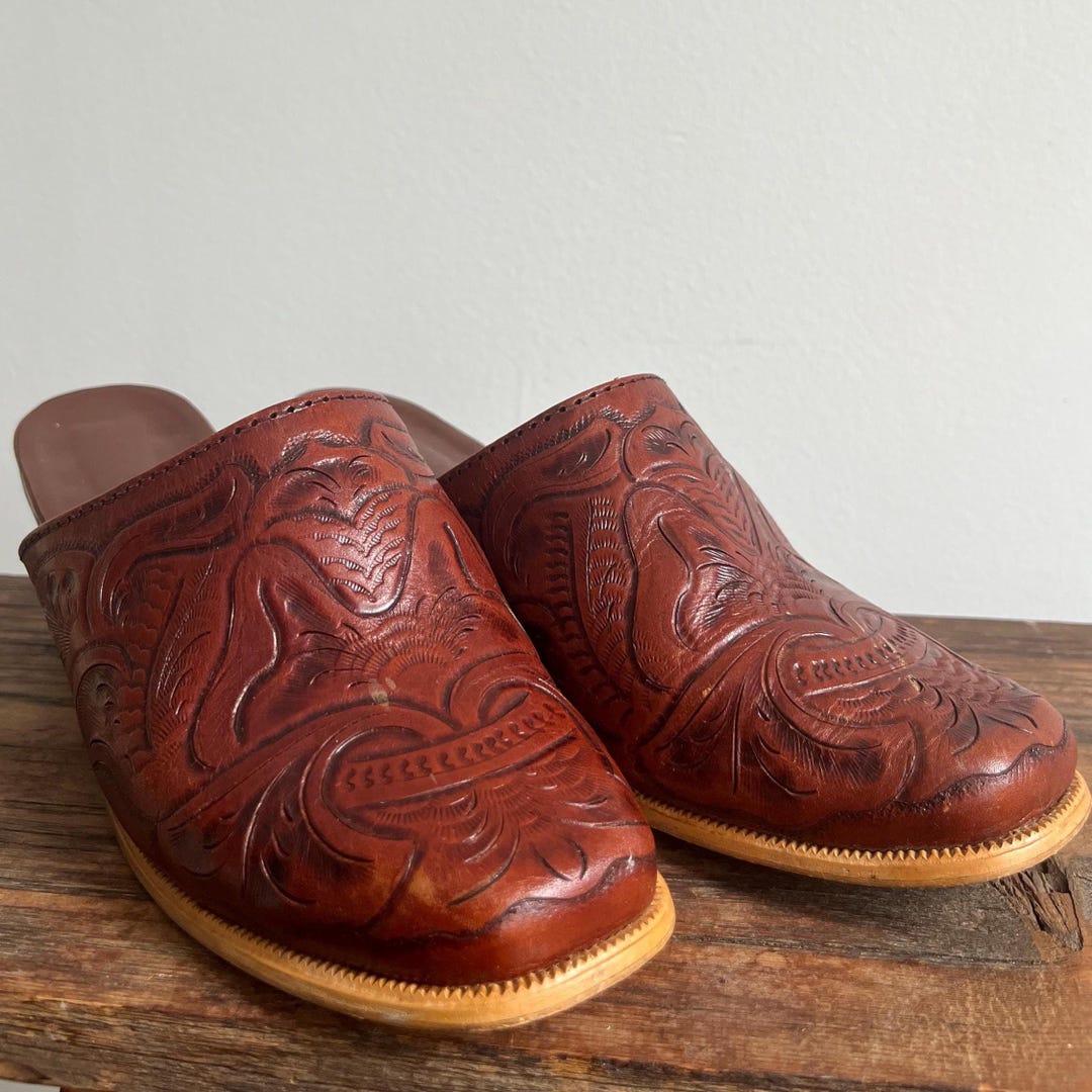 Tooled Leather Mules // Western Mules // Vintage Brown Leather Shoes // Women Leather Shoes - Etsy