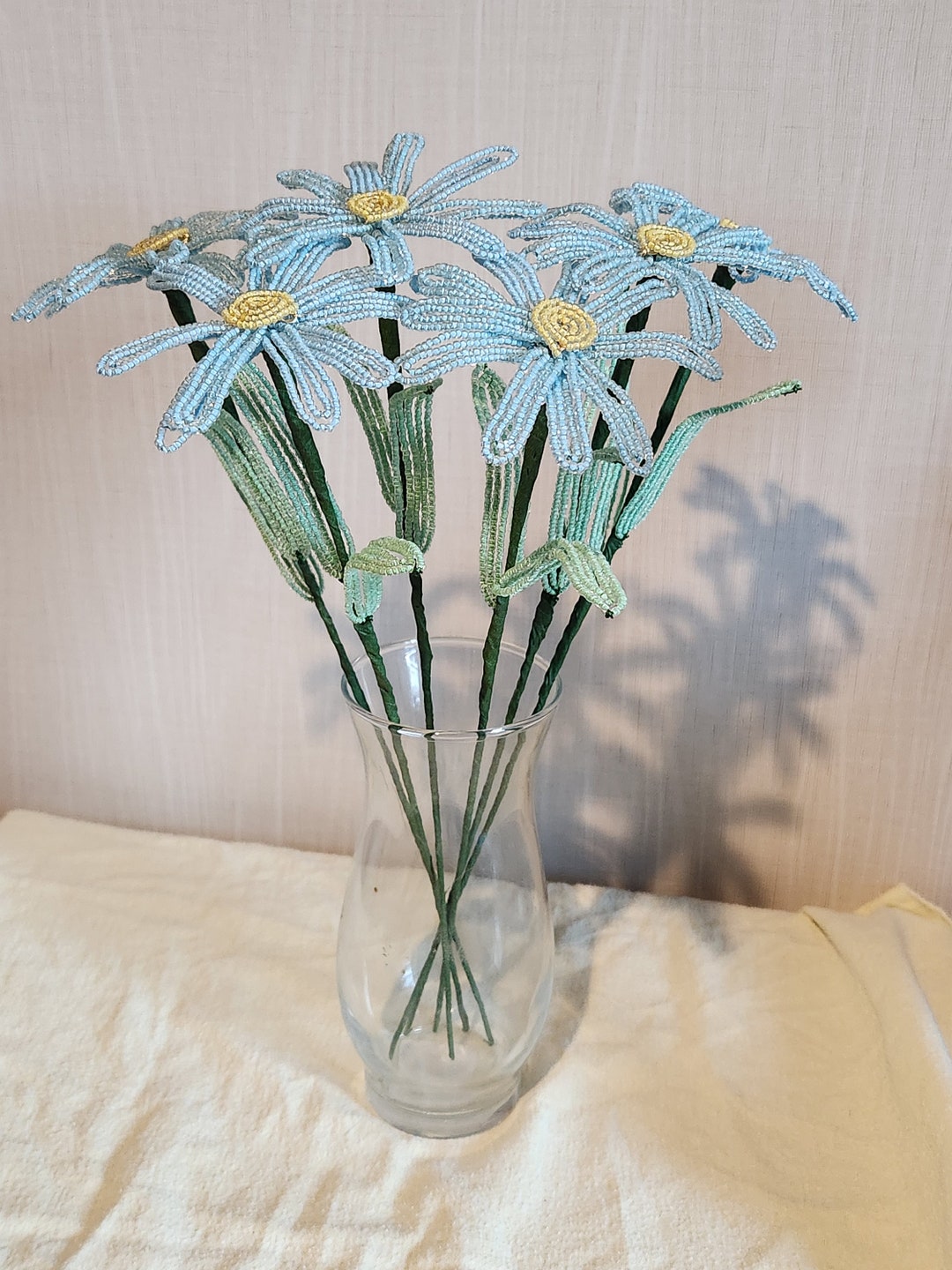 6 French Beaded Flowers Blue Daisy Bouquet 1/2 Dozen Daisies 12 Inches ...