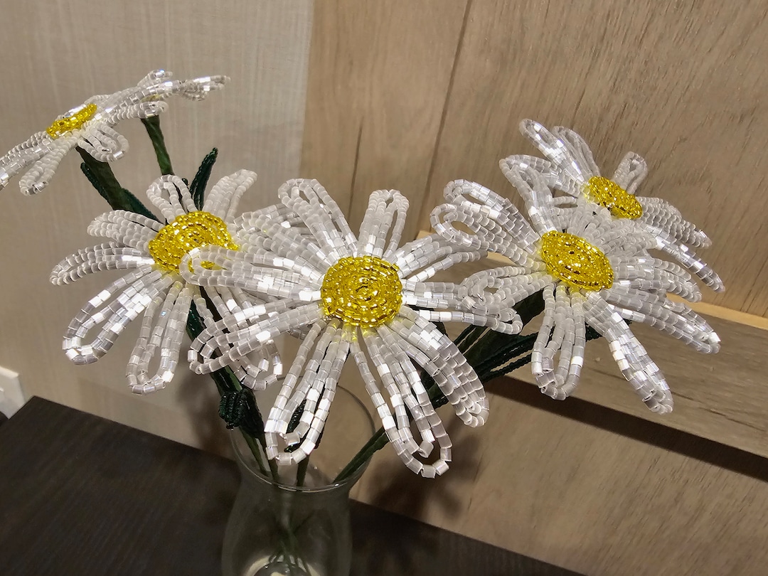 6 French Beaded Flowers Silk White Daisy Bouquet 1/2 Dozen Daisies 12 ...