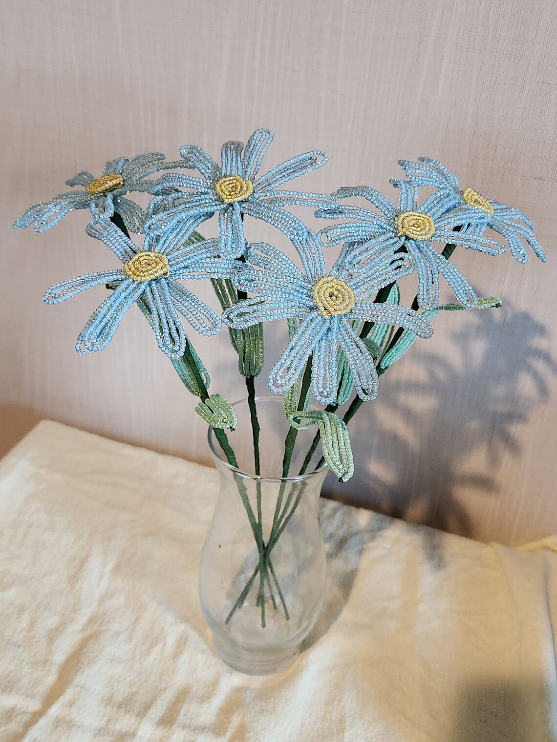 6 French Beaded Flowers Blue Daisy Bouquet 1/2 Dozen Daisies 12 Inches ...