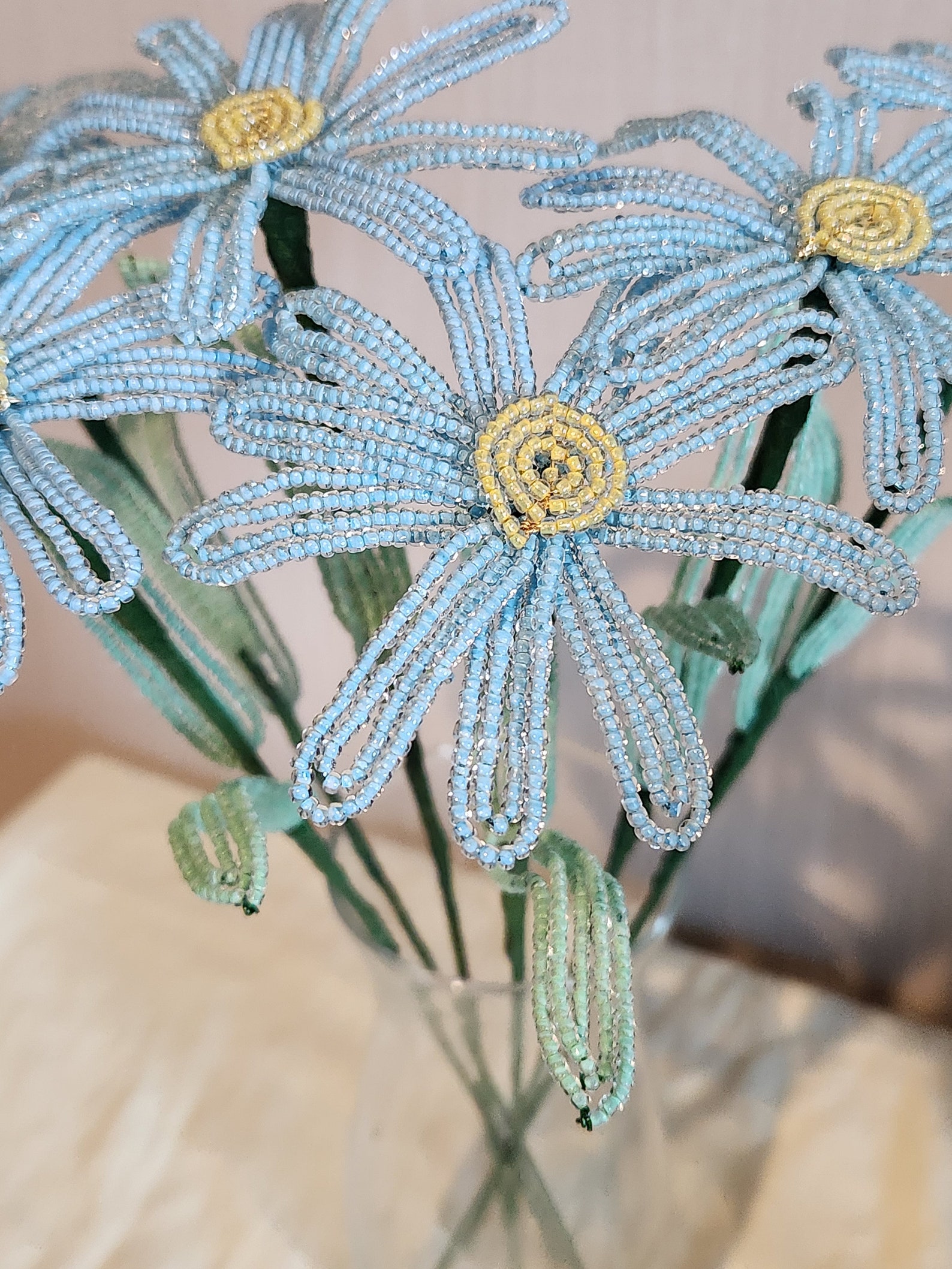 6 French Beaded Flowers Blue Daisy Bouquet 1/2 Dozen Daisies 12 Inches ...