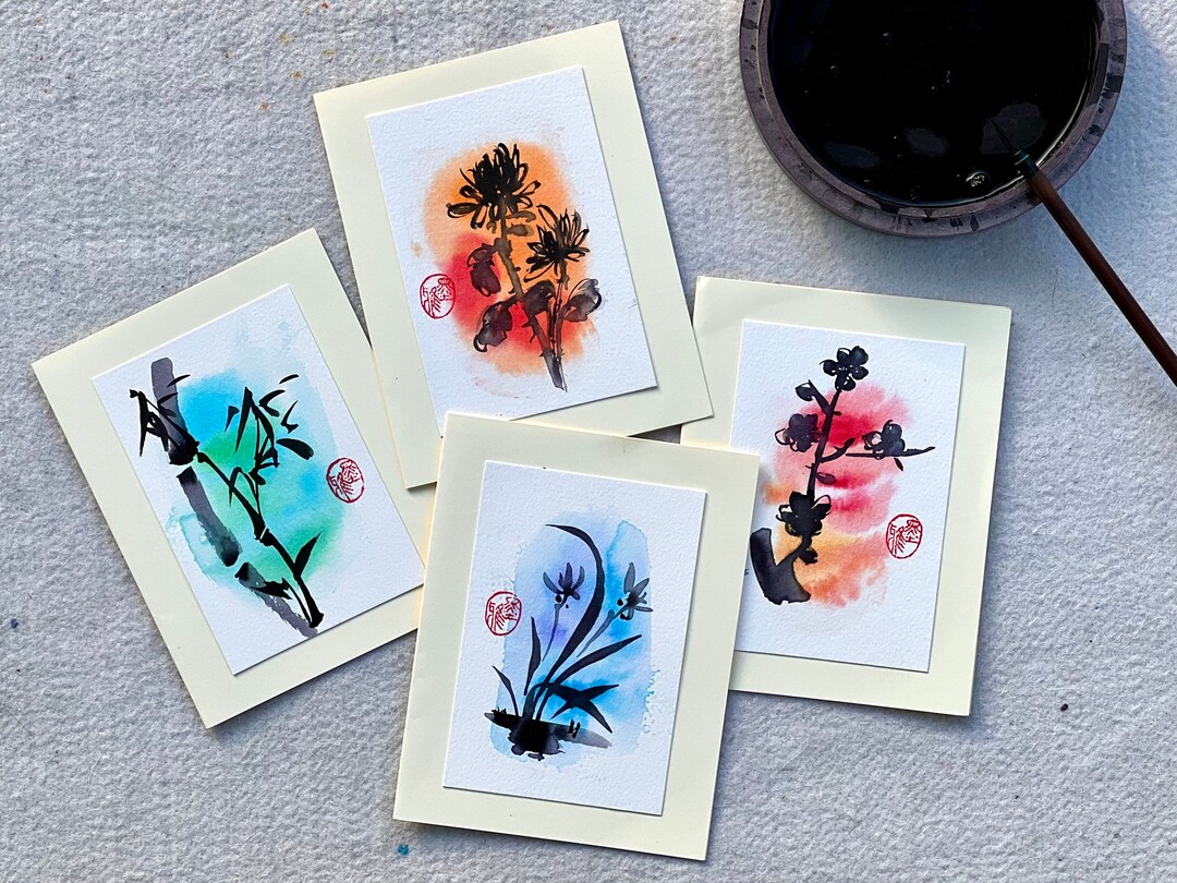 Original Hand Painted Chinese Art Cards Four Noble Ones Floral Set ...